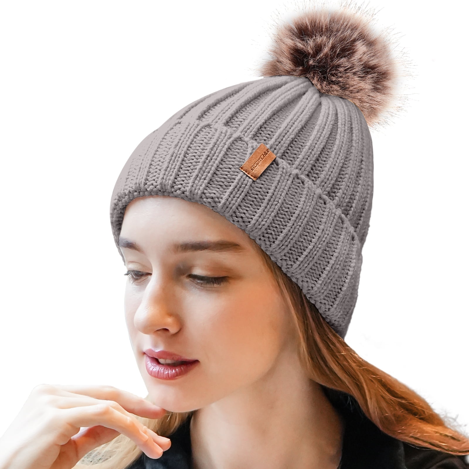 Winter Beanie Hat for Women with Pompom Warm Fleece Lined, Women Warm Chunky Soft Knit Skull Cap ...