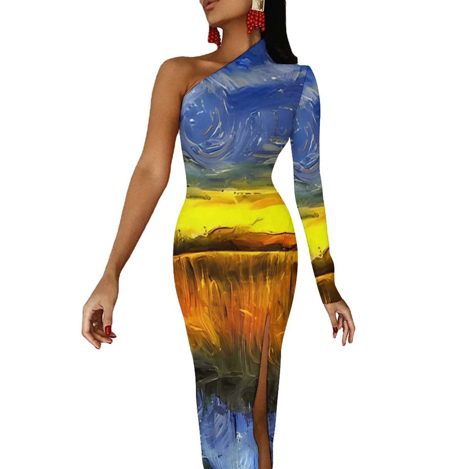 Bodycon Dress Ladies Road with Cypress and Star Retro Maxi Dress Long ...