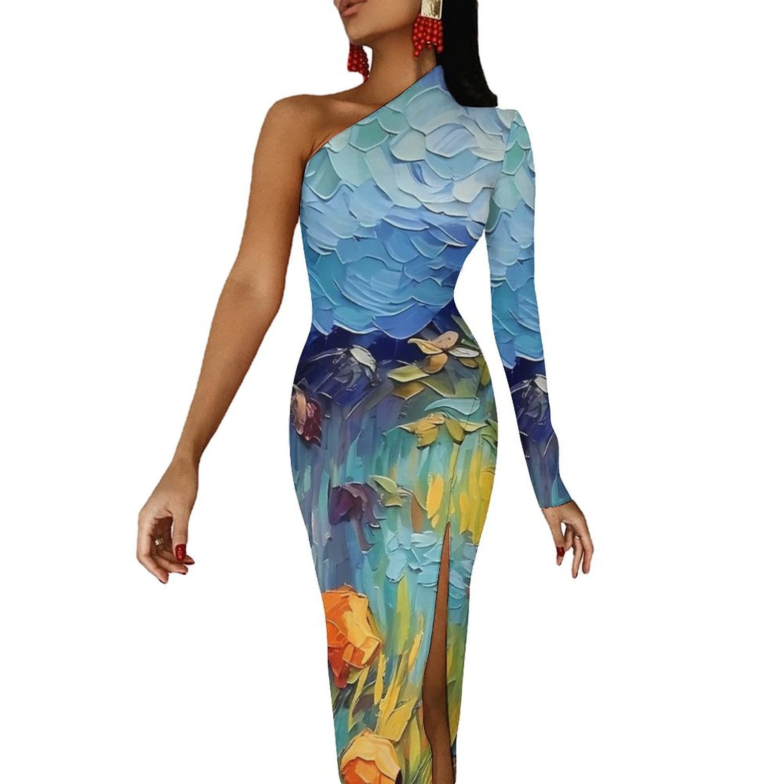 Bodycon Dress Ladies Road with Cypress and Star Retro Maxi Dress Long ...