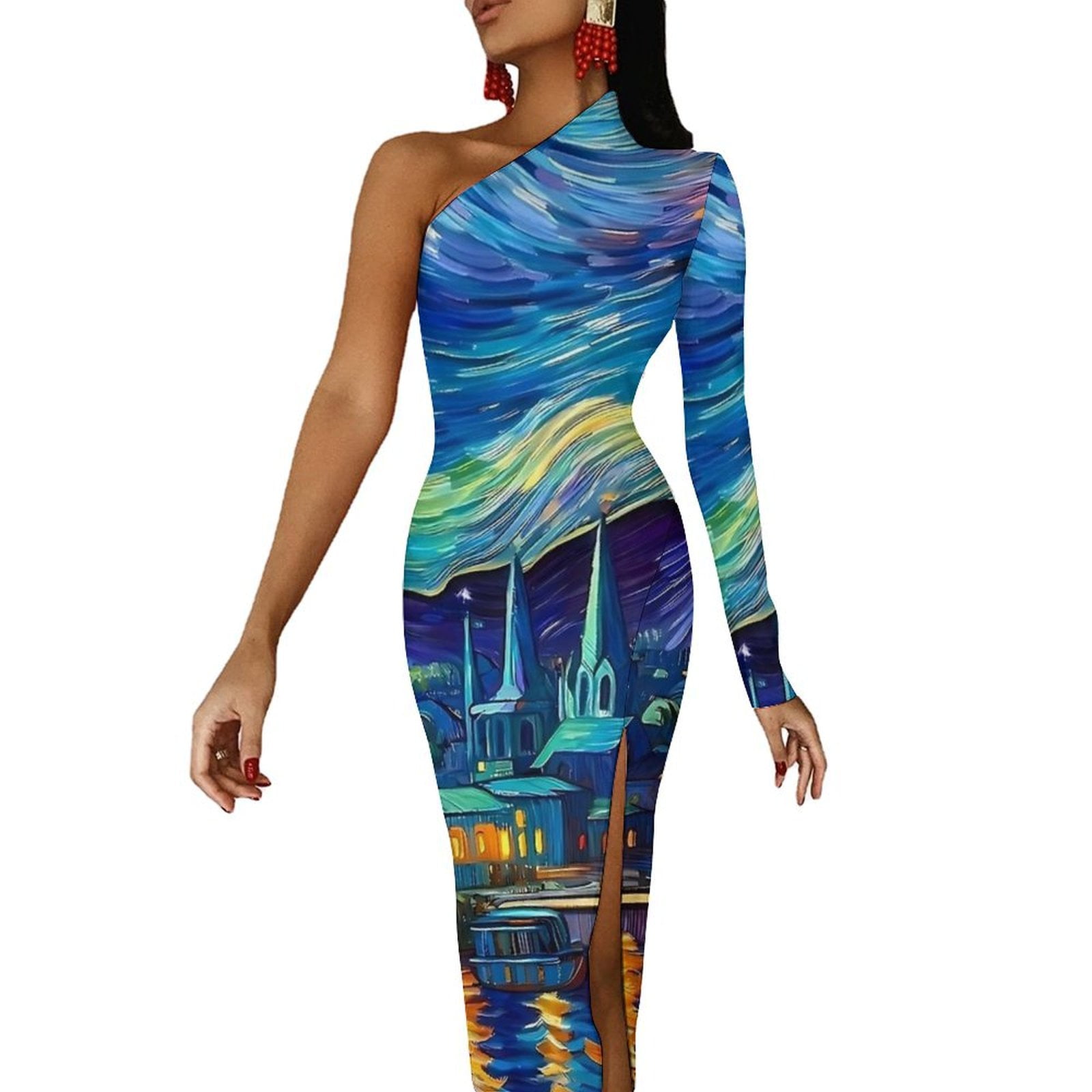 Bodycon Dress Ladies Road with Cypress and Star Retro Maxi Dress Long ...