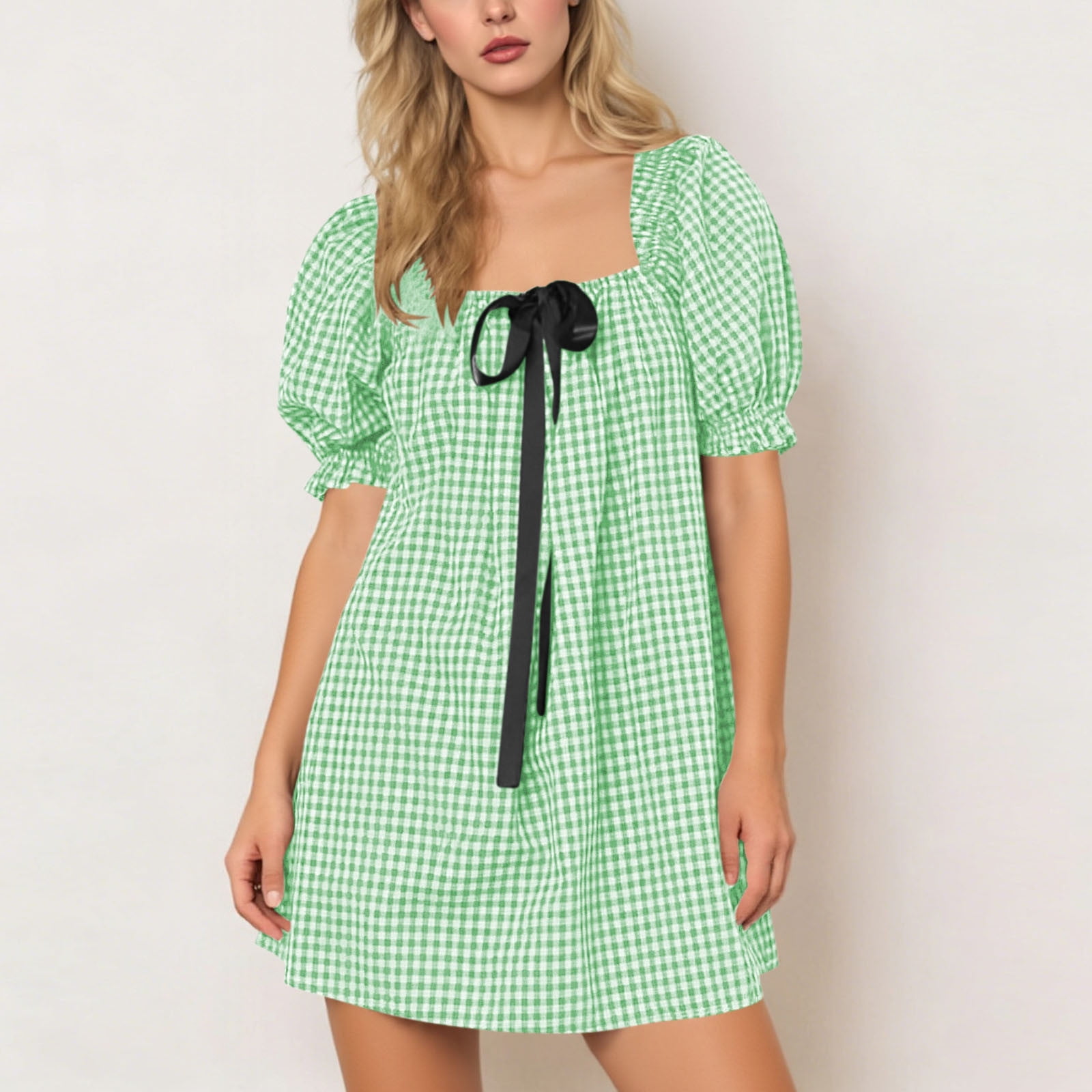 Bodycon Maxi Dress Women's Cute Mini Dress - Plaid Print Puff Sleeve ...