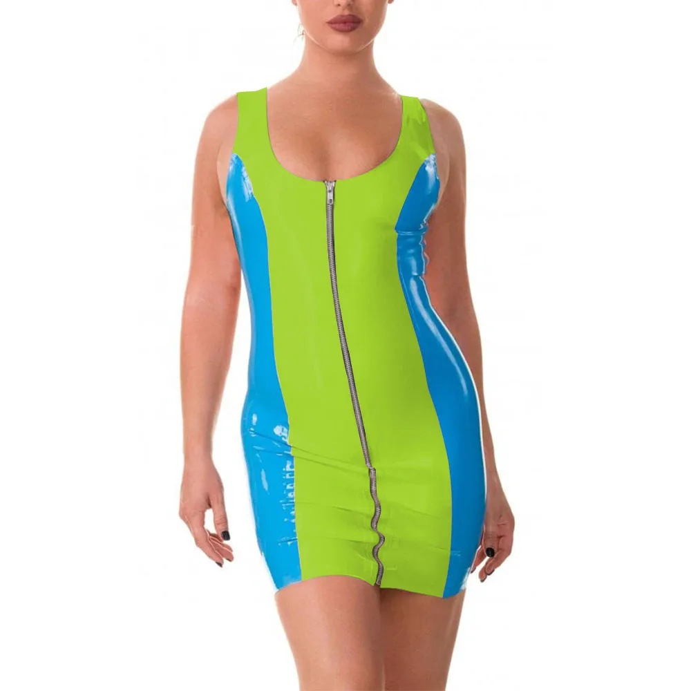 Bodycon Mini Dress Shiny PVC Leather Sexy Front Zip Hip Wrap Mini Dress ...