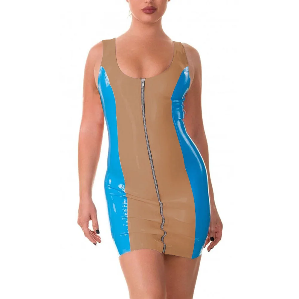 Bodycon Mini Dress Shiny PVC Leather Sexy Front Zip Hip Wrap Mini Dress Patchwork Backless Tank ...