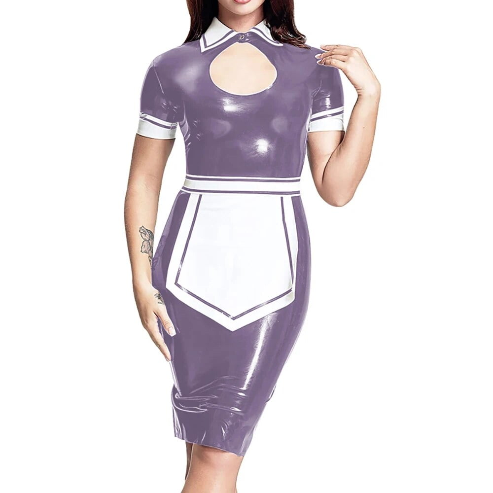Bodycon Short Sleeve PVC Leather Maid Outfit Turn-down Collar Tight ...