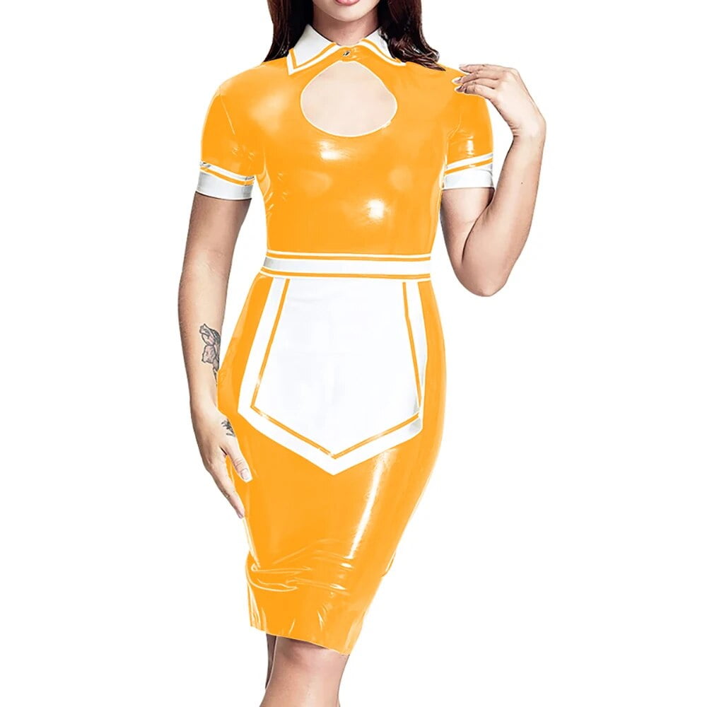 Bodycon Short Sleeve PVC Leather Maid Outfit Turn-down Collar Tight ...
