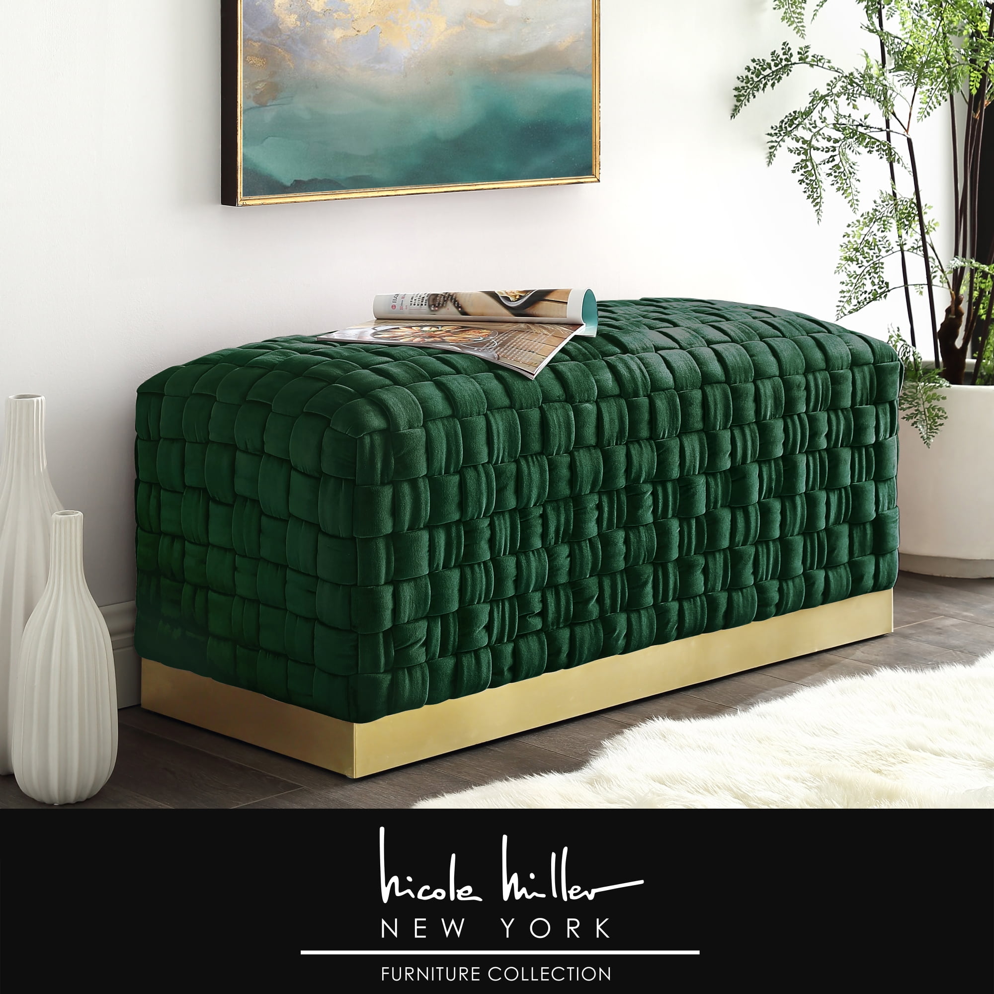 Boe Hunter Green/Gold Velvet Bench - Intricate Woven Pattern, Gold ...