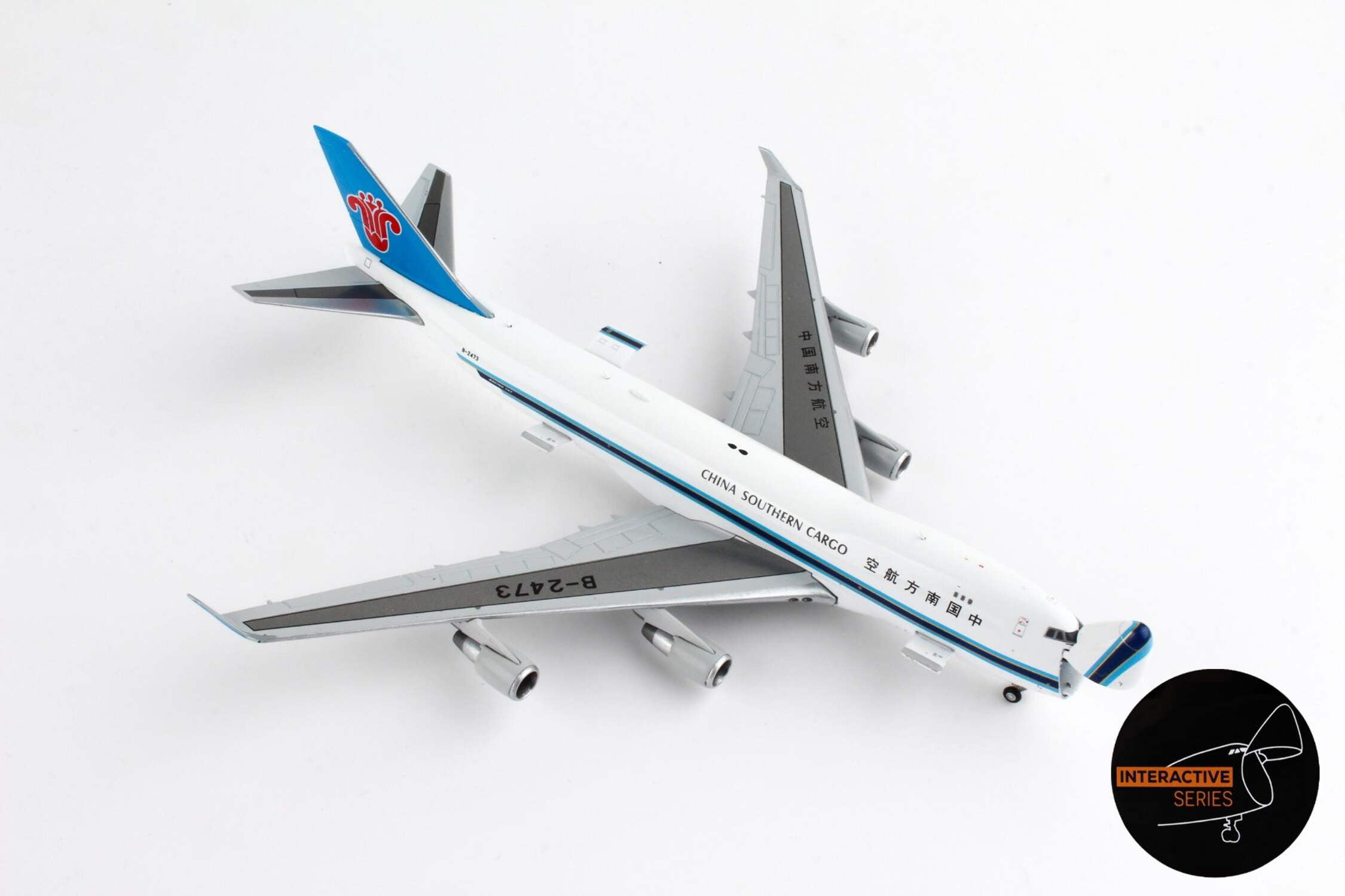 Boeing 747-400F Commercial Aircraft White with Black Stripes and Blue ...