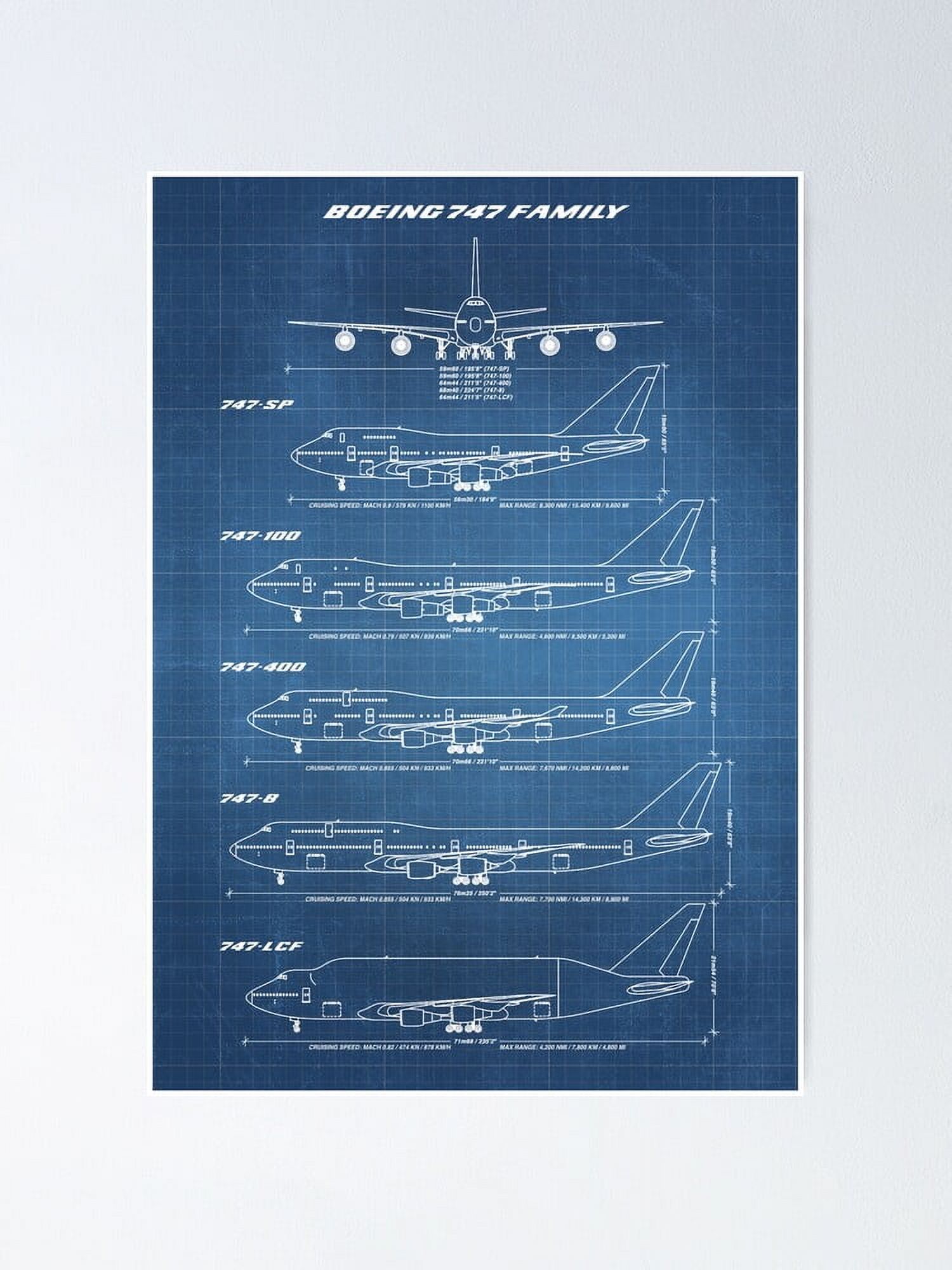 Boeing 747 Family Blueprint (light blue) Canvas Poster Decor Landscape ...