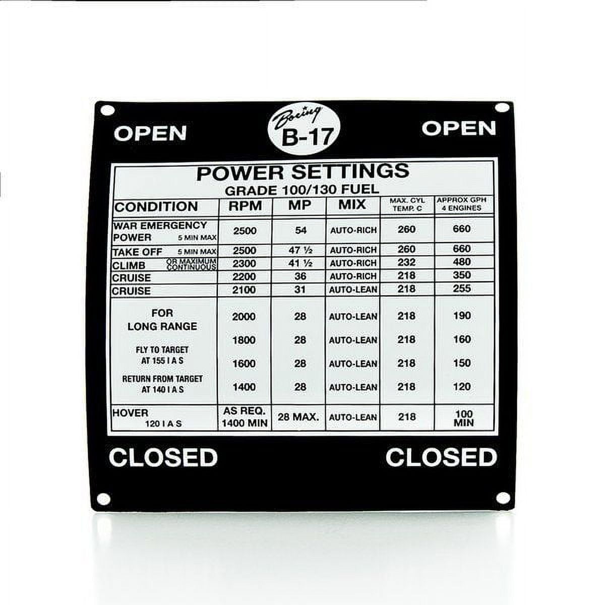 Boeing B-17 Flying Fortress Throttle Quadrant Placard PLA-0108 ...