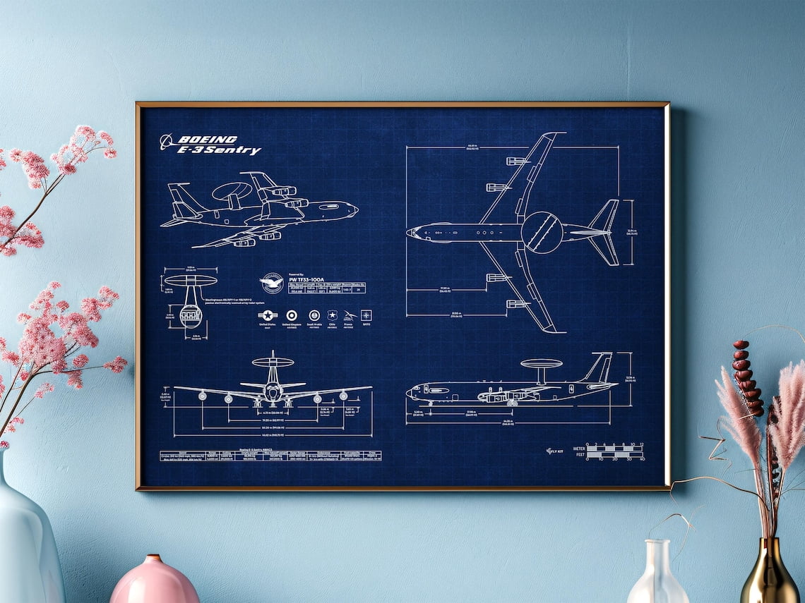 Boeing E Three Sentry Awacs Blueprint Poster, Aviation Wall Art ...