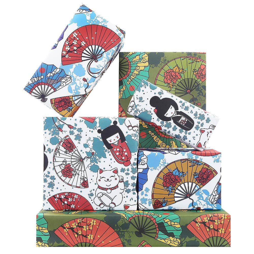 Boerni Japanese Wrapping Paper STF9 6 Sheets, Japanese Style Fan Cat ...