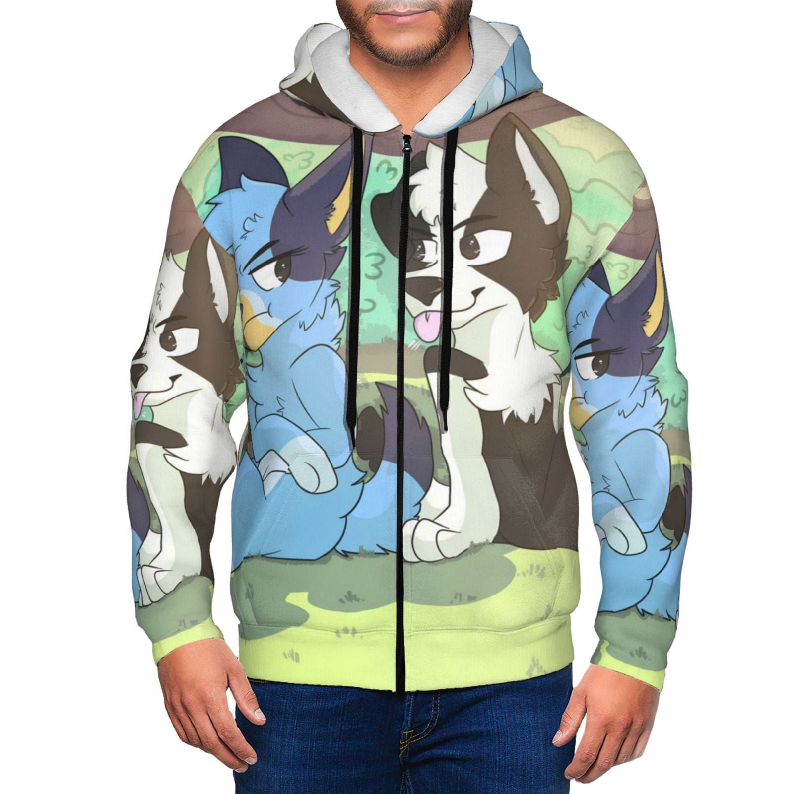 Bogiau Bluey Print Men's Zip-Up Hoodie,Fleece Full-Zip Hoodie for Men, Hooded Sweatshirt ...