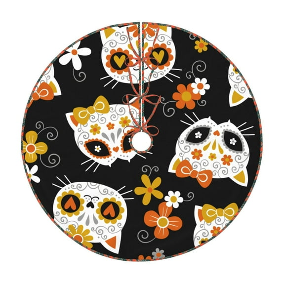 Bogiau Cat Skulls and Flowers Pattern Christmas Tree Skirt with Ties , Christmas Tree ...