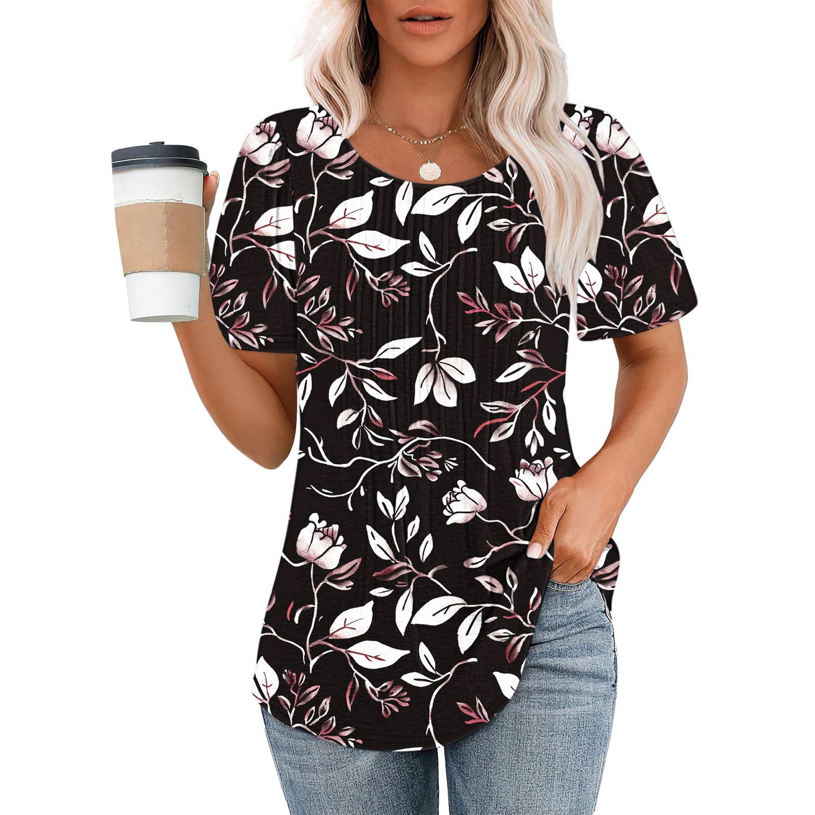 Bogo Womens Casual Boho Floral Print V Neck Short Sleeve Blouses Summer ...