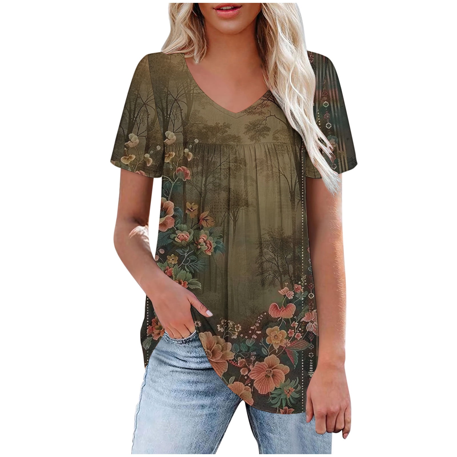 Bogo Womens Casual Boho Floral Print V Neck Short Sleeve Blouses Short ...