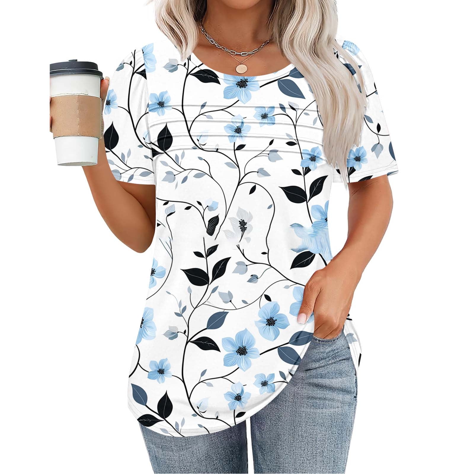 Bogo Womens Casual Boho Floral Print V Neck Short Sleeve Blouses Work ...