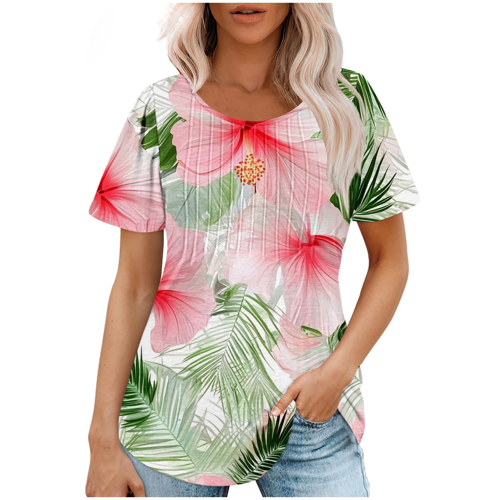 Bogo Womens Casual Floral Print Crewneck Womens Tops Trendy Short ...