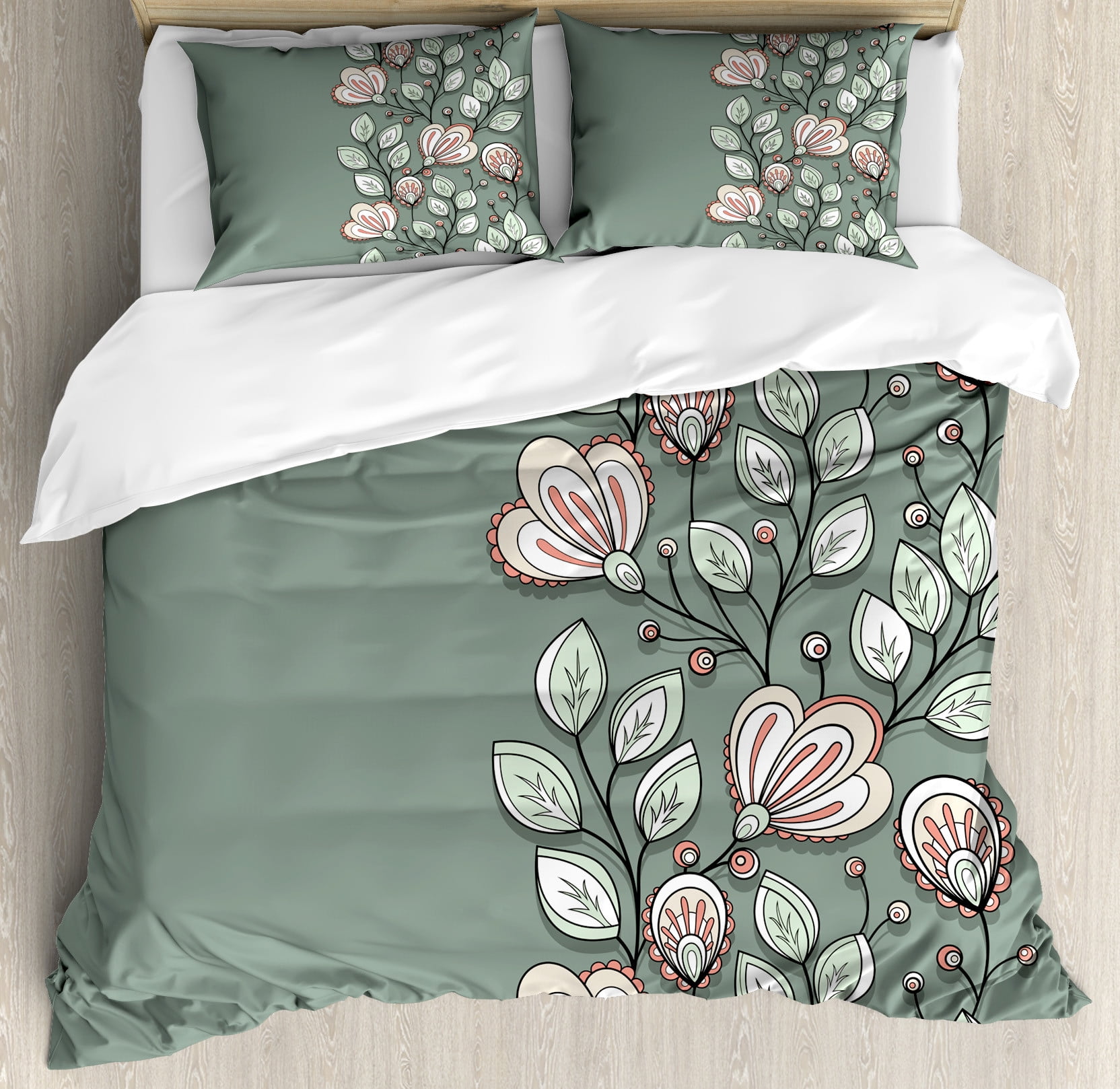 Bohem Duvet Cover Set, Floral Theme Romantic Spring Flowers and Leaves Graphic Nature Pattern ...