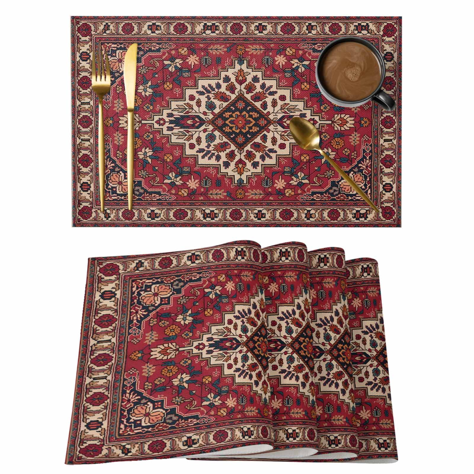 Bohemia Abstract Plant Placemats Set of 4 Vintage Red Black Retro ...