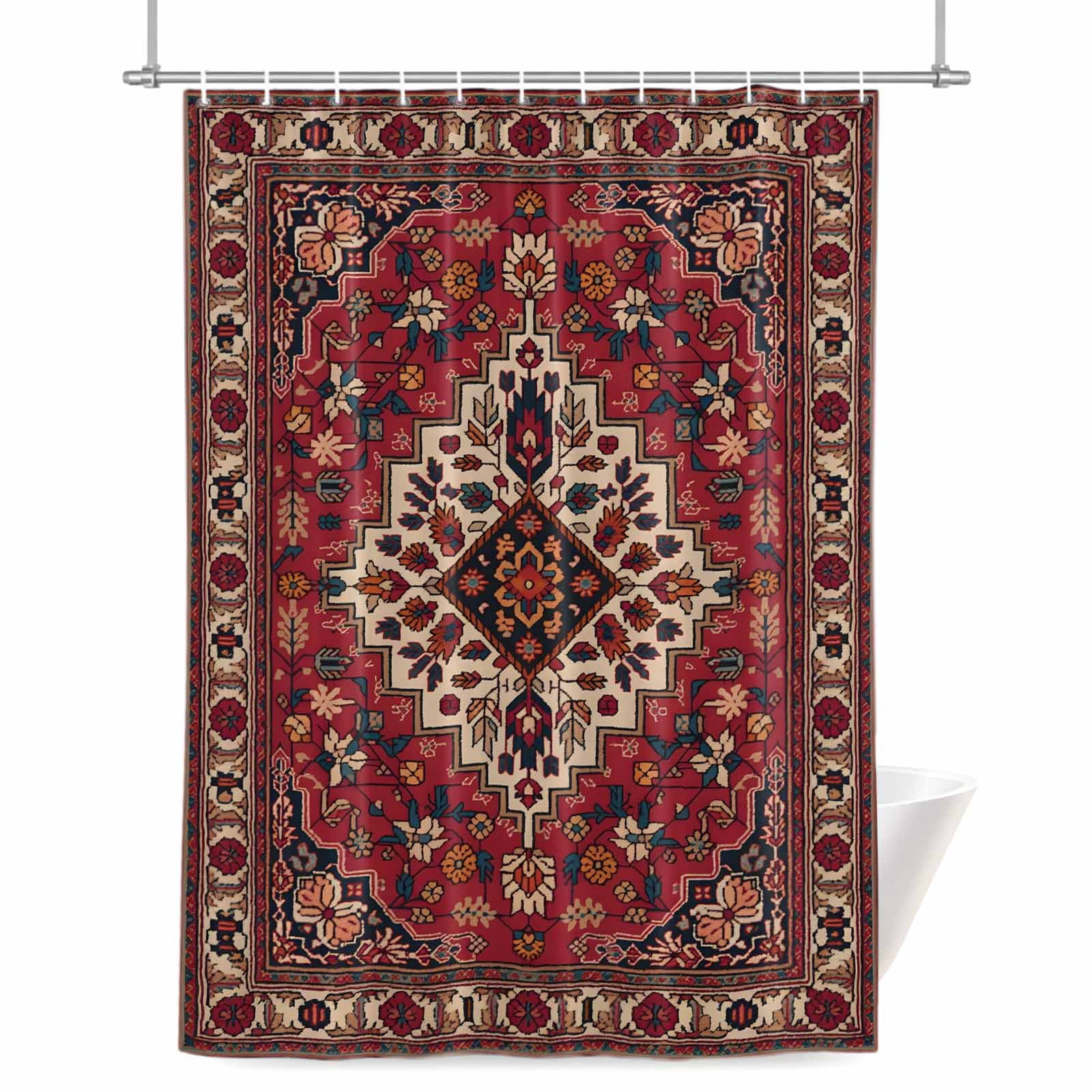 Bohemia Abstract Plant Shower Curtain, Vintage Red Black Retro National ...
