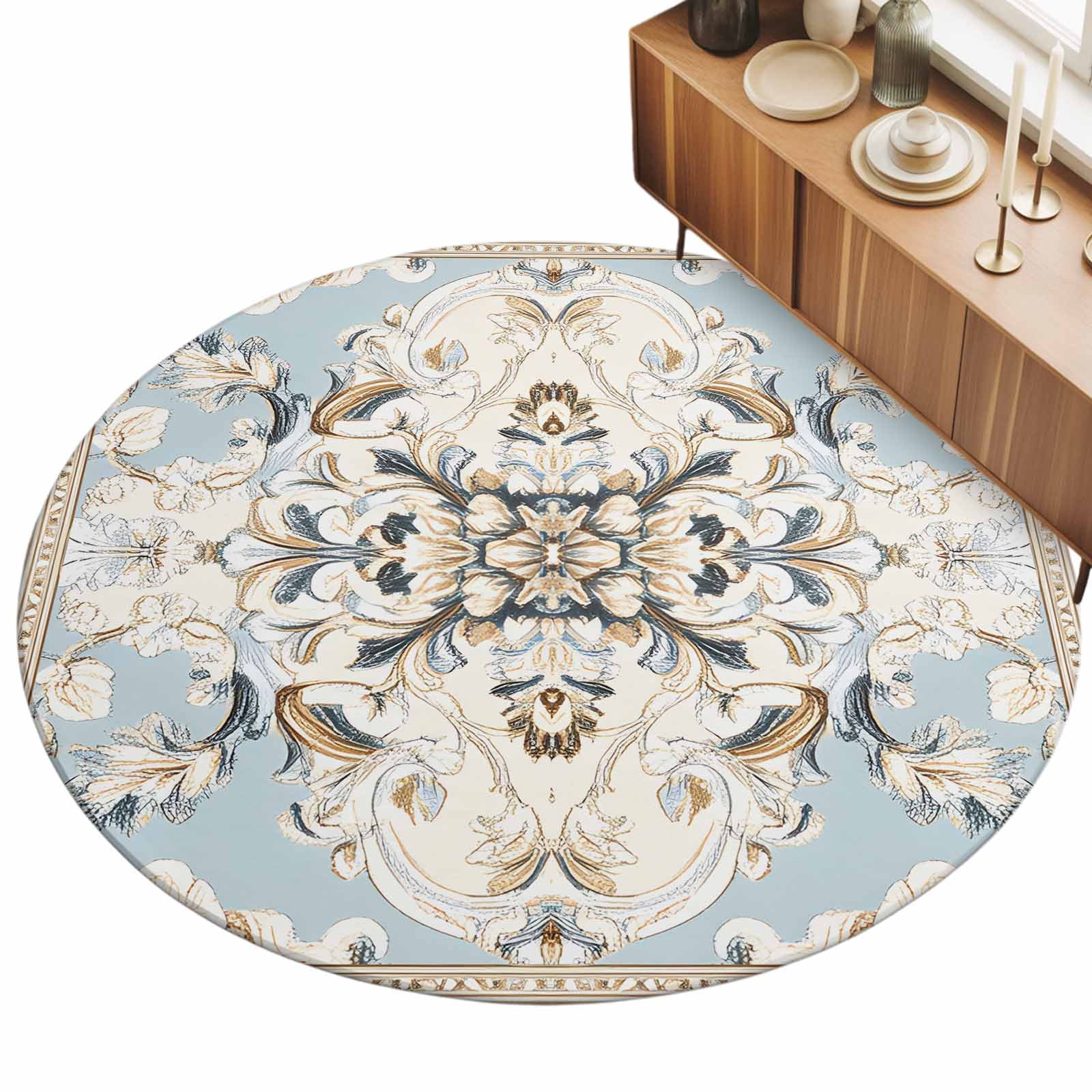 Bohemia Area Rug, Vintage Boho Ethnic Farmhouse Blue Flower Pattern Non ...