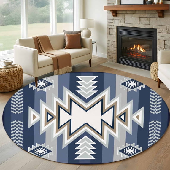 Bohemia Aztec 8FT Round Area Rugs for Living Room Blue Geometric ...