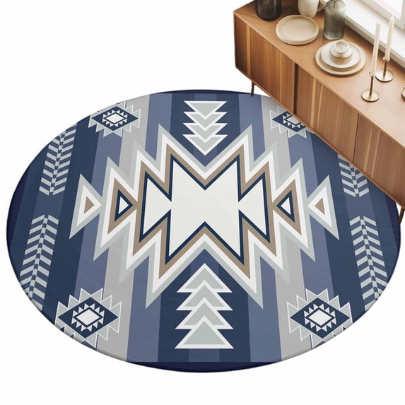 Bohemia Aztec Area Rug, Blue Geometric Country Farmhouses Tribe Non ...