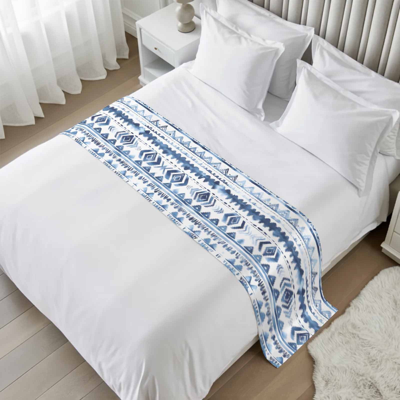 Bohemia Bed Runner Scarf, Blue Abstract Retro Striped Pattern Ethnic ...