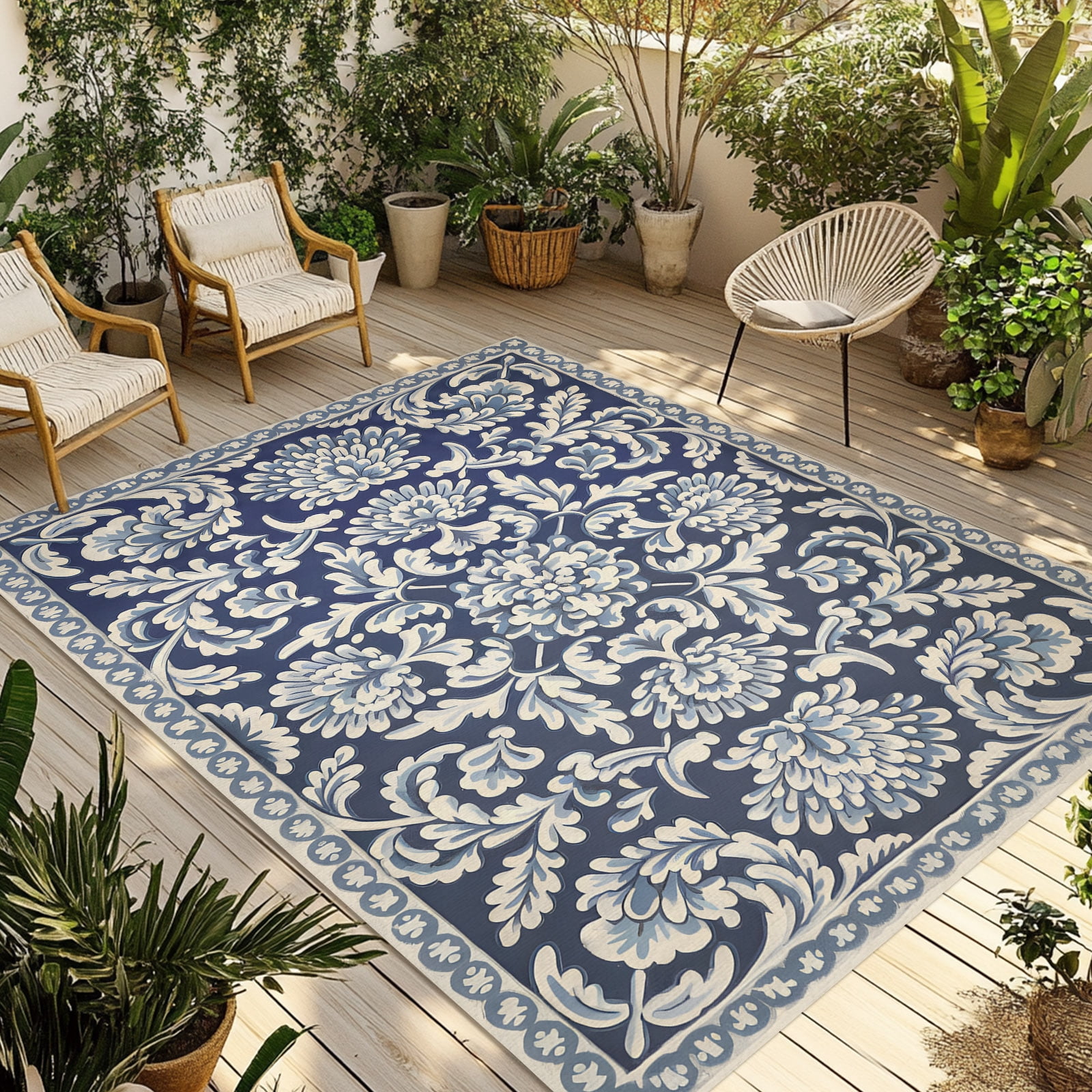 Bohemia Blue Floral Pattern Outdoor Rug, Vintage Ethnic Style Non-Slip ...