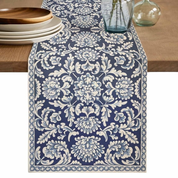 Bohemia Blue Floral Pattern Table Runner, Vintage Ethnic Style Cotton ...