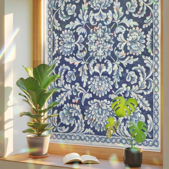 Bohemia Blue Floral Pattern Window Privacy Film, Vintage Ethnic Style ...