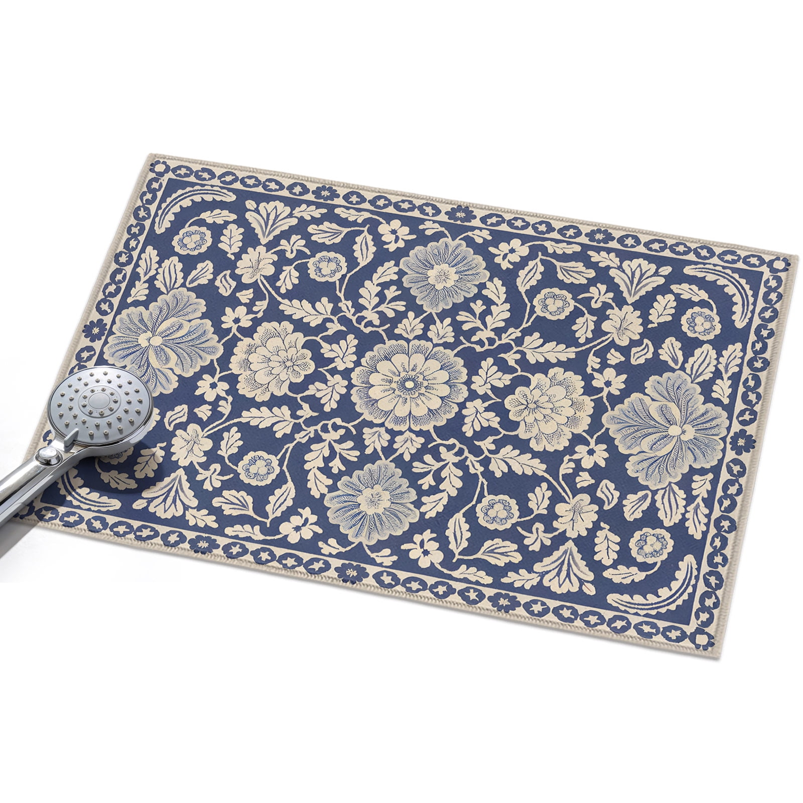 Bohemia Blue Flower Pattern Area Rug, Vintage Ethnic Style Non-Slip ...