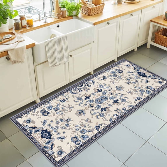 Bohemia Blue Flower Pattern on Beige Rectangle Rug 2'x6' Retro Abstract ...