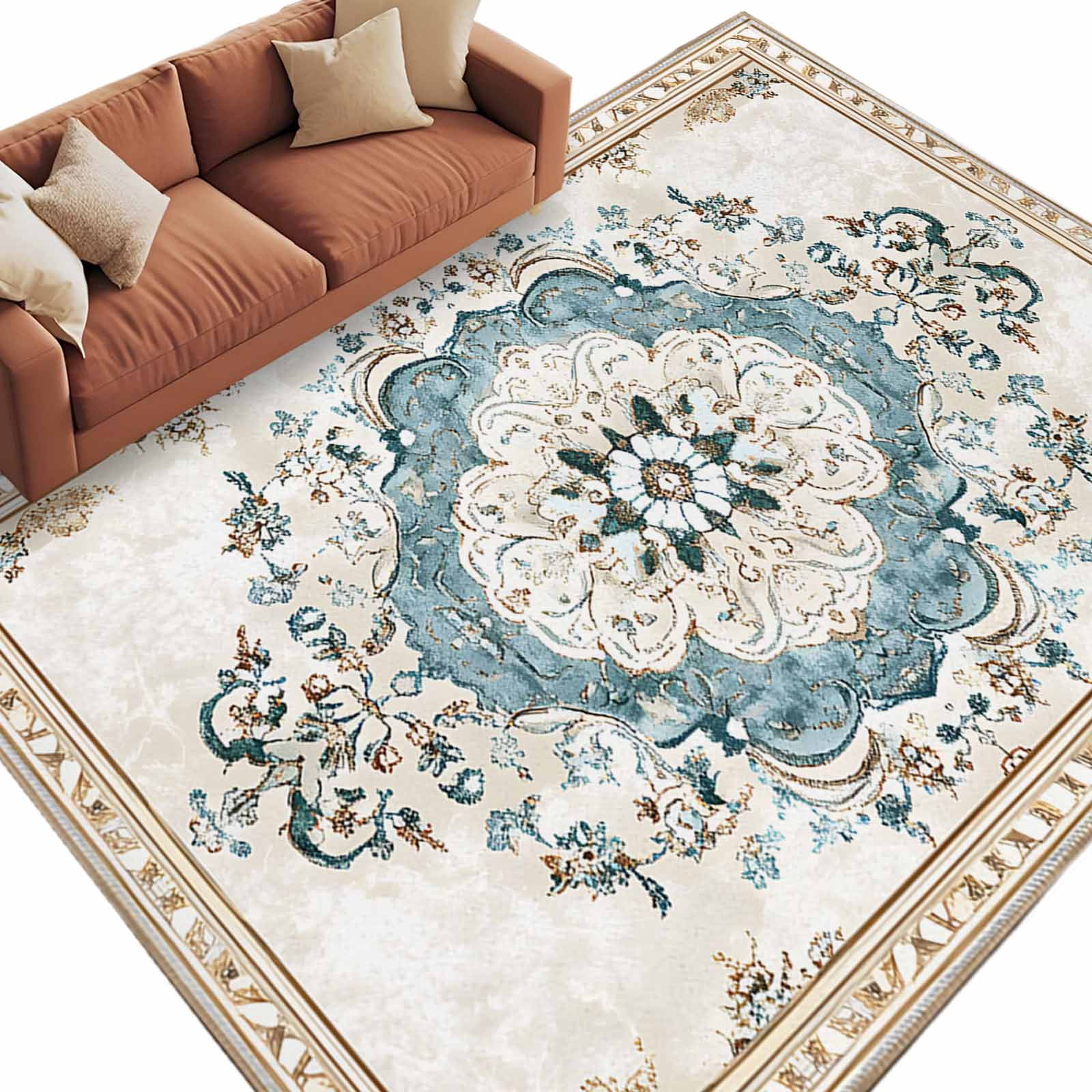 Bohemia Blue Flower Washable Area Rug 5 x 8 ft Blue Retro Boho Ethnic ...