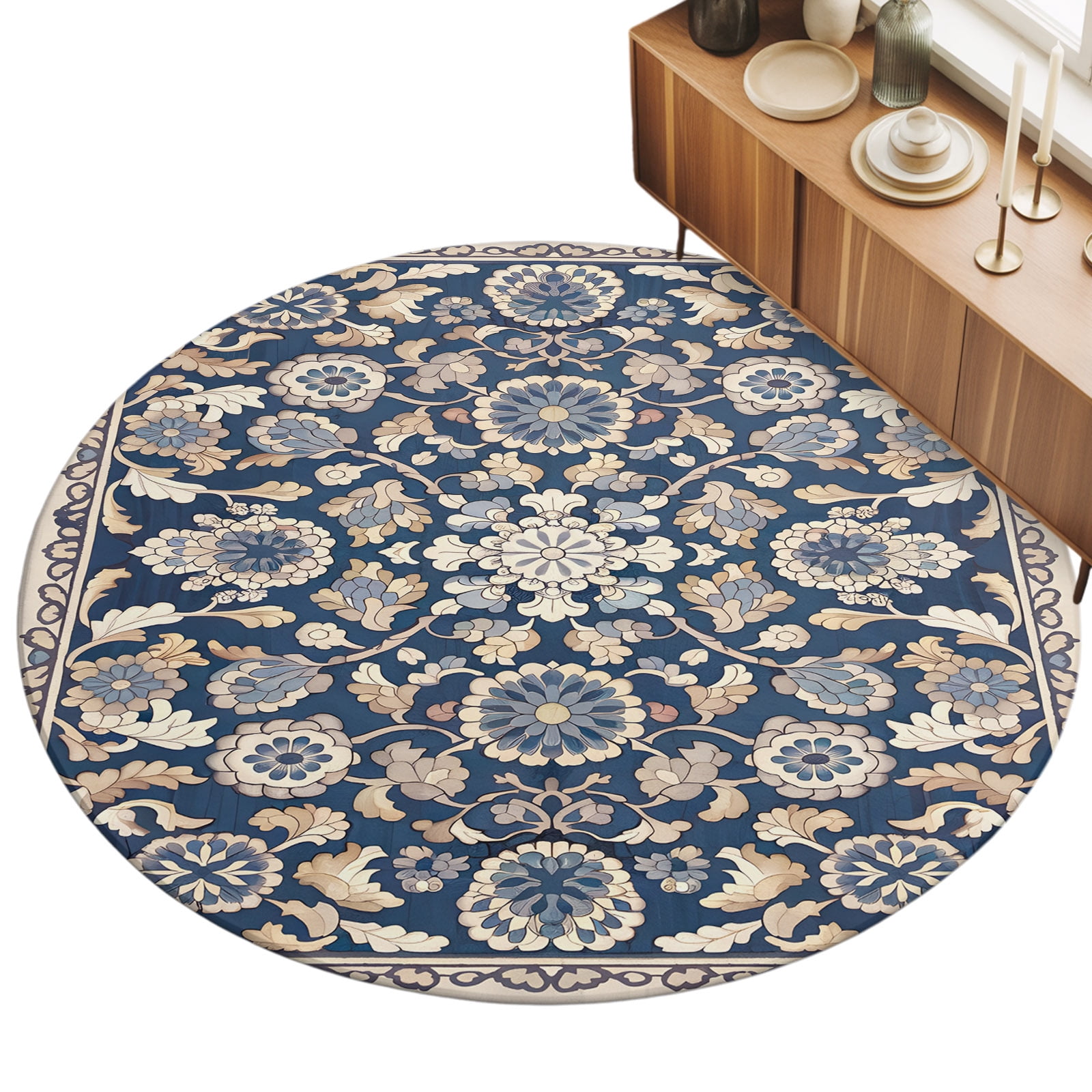 Bohemia Blue Flowers Pattern Area Rug, Vintage Ethnic Style Non-Slip ...