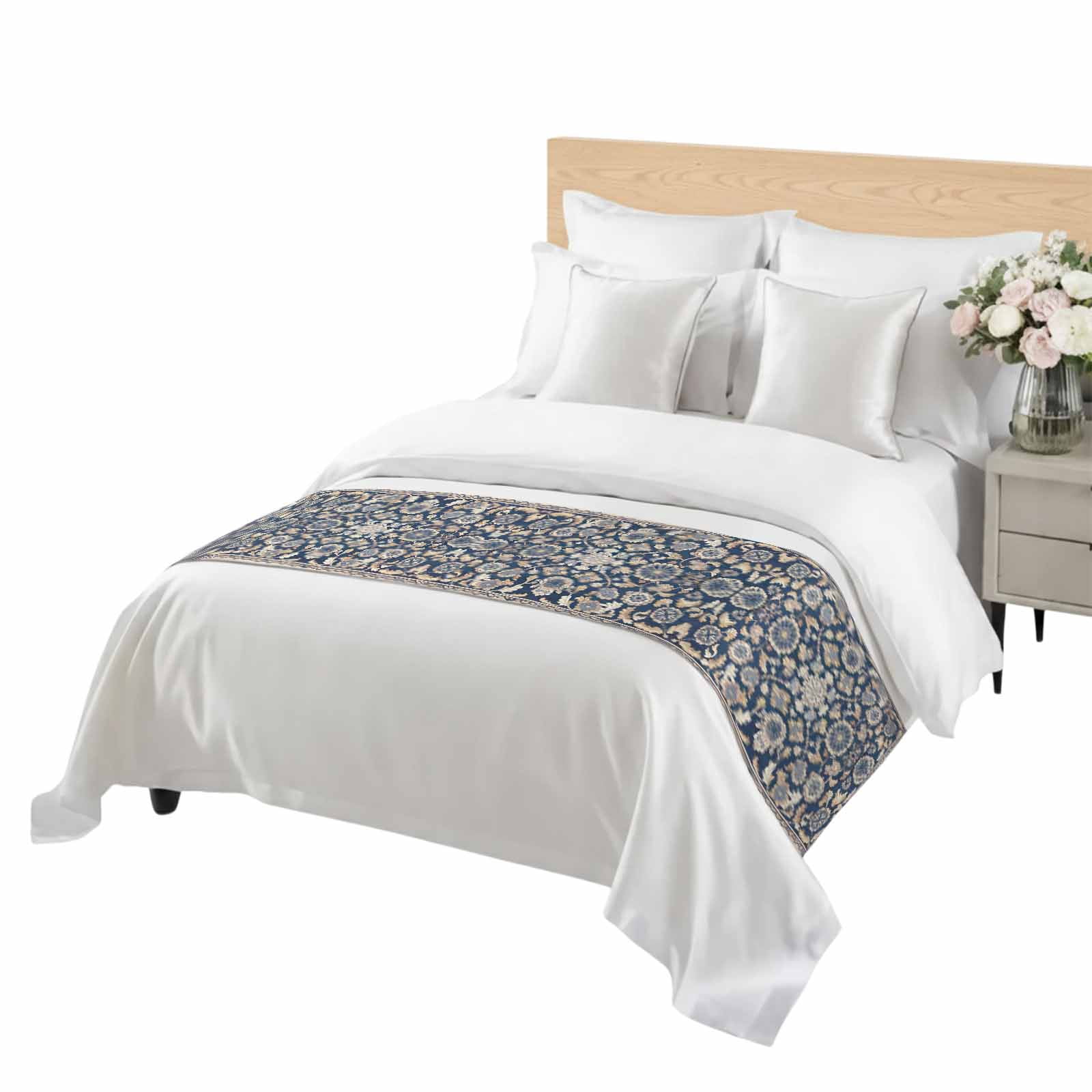 Bohemia Blue Flowers Pattern Bed Runner Twin Size Vintage Ethnic Style ...