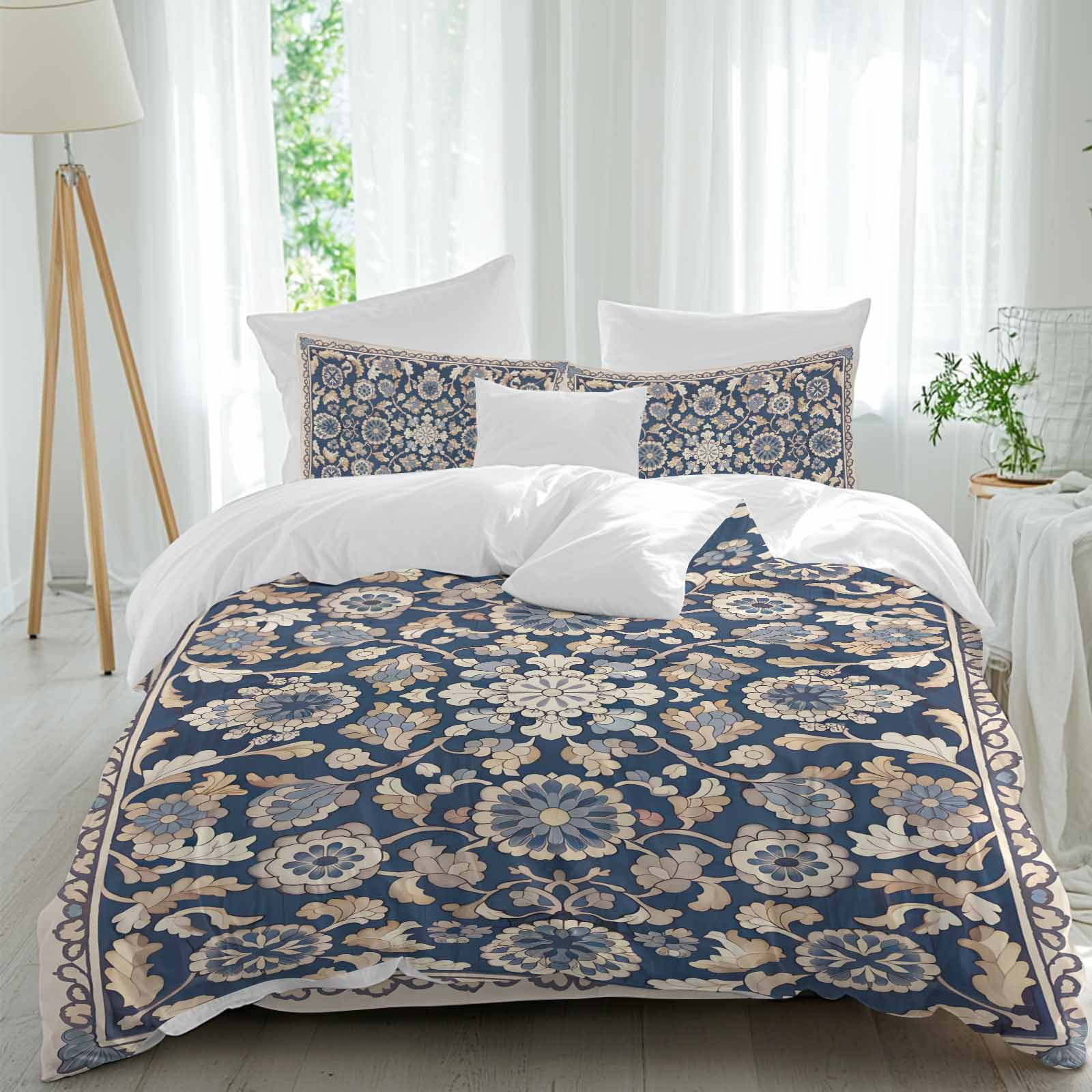 Bohemia Blue Flowers Pattern Comforter Set Full Size, Vintage Ethnic ...