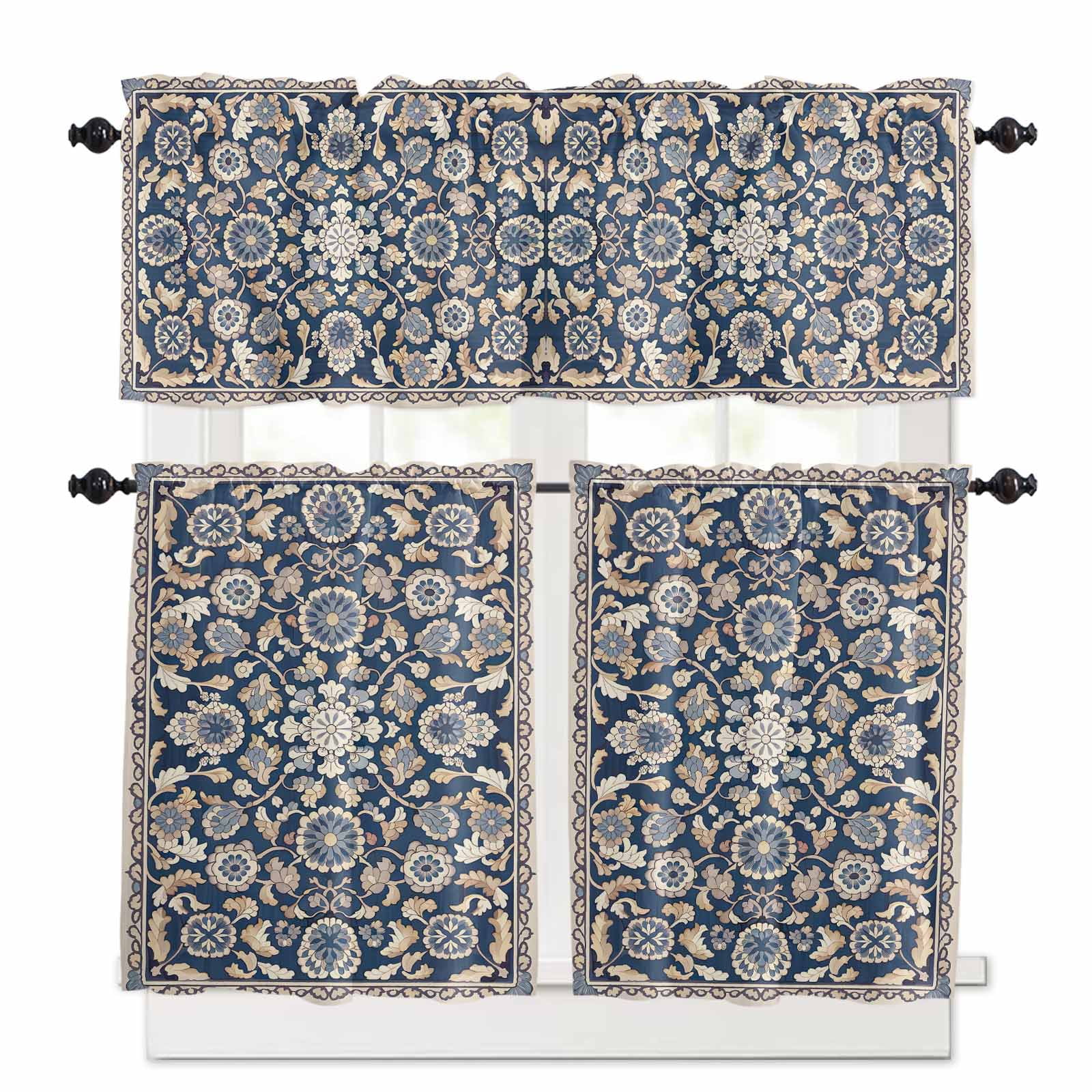 Bohemia Blue Flowers Pattern Kitchen Curtains Valance and Tier Set ...