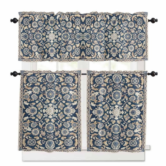 Bohemia Blue Flowers Pattern Kitchen Curtains Valance and Tier Set ...