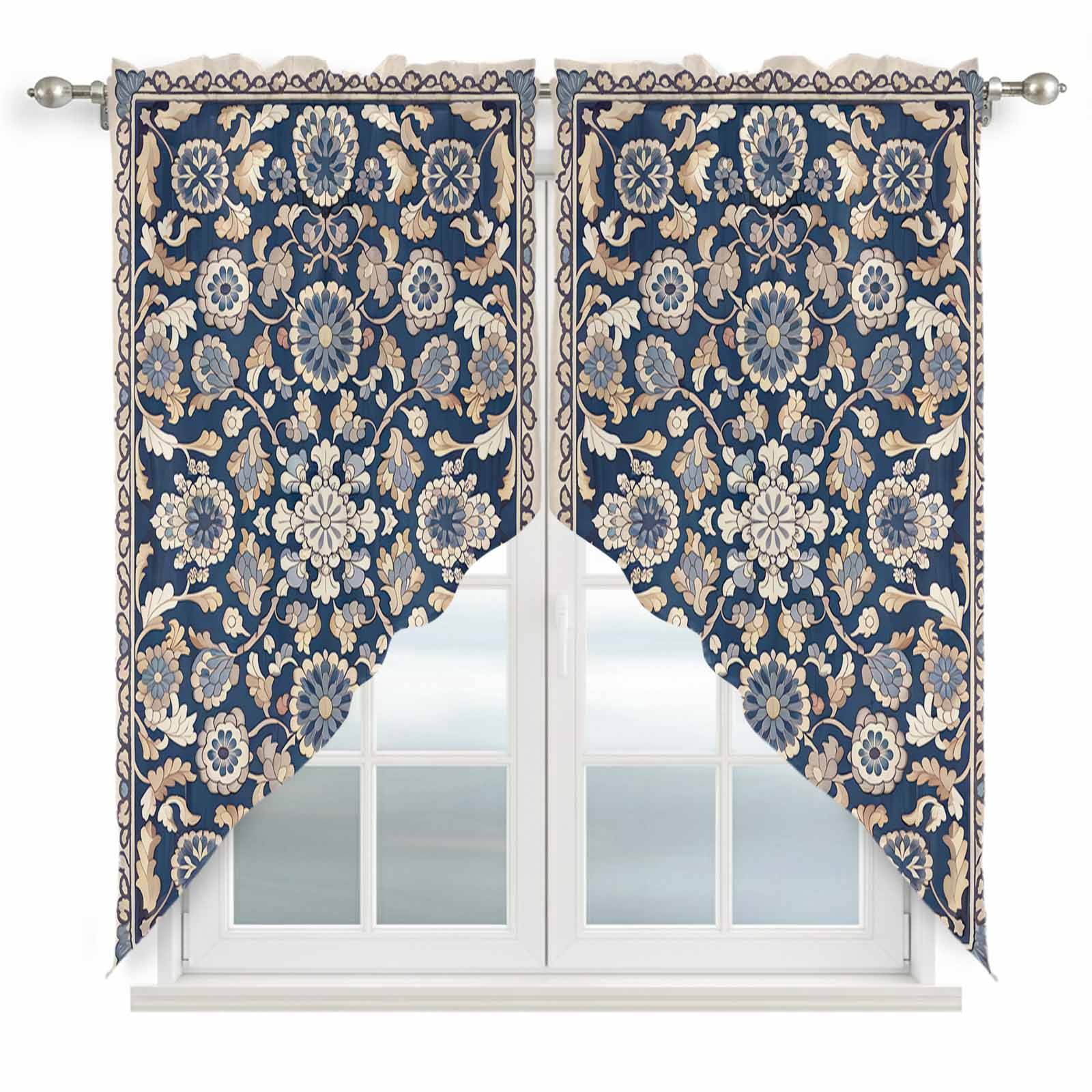 Bohemia Blue Flowers Pattern Swag Curtain Valance for Window 2 Panels ...