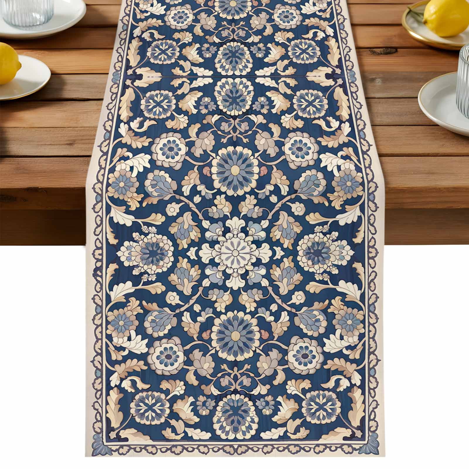 Bohemia Blue Flowers Pattern Table Runner, Vintage Ethnic Style Cotton ...