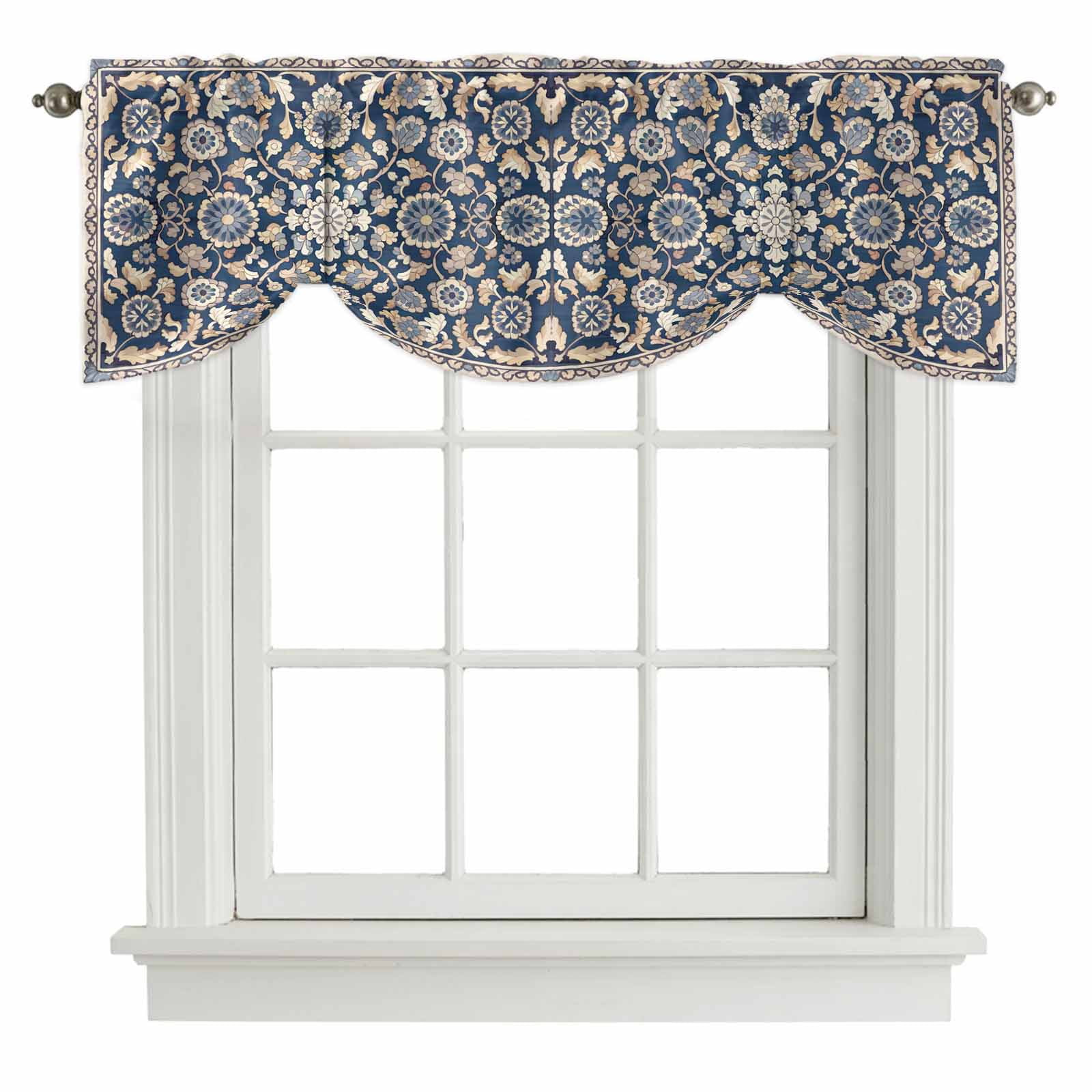 Bohemia Blue Flowers Pattern Tie Up Valance Curtains Vintage Ethnic ...