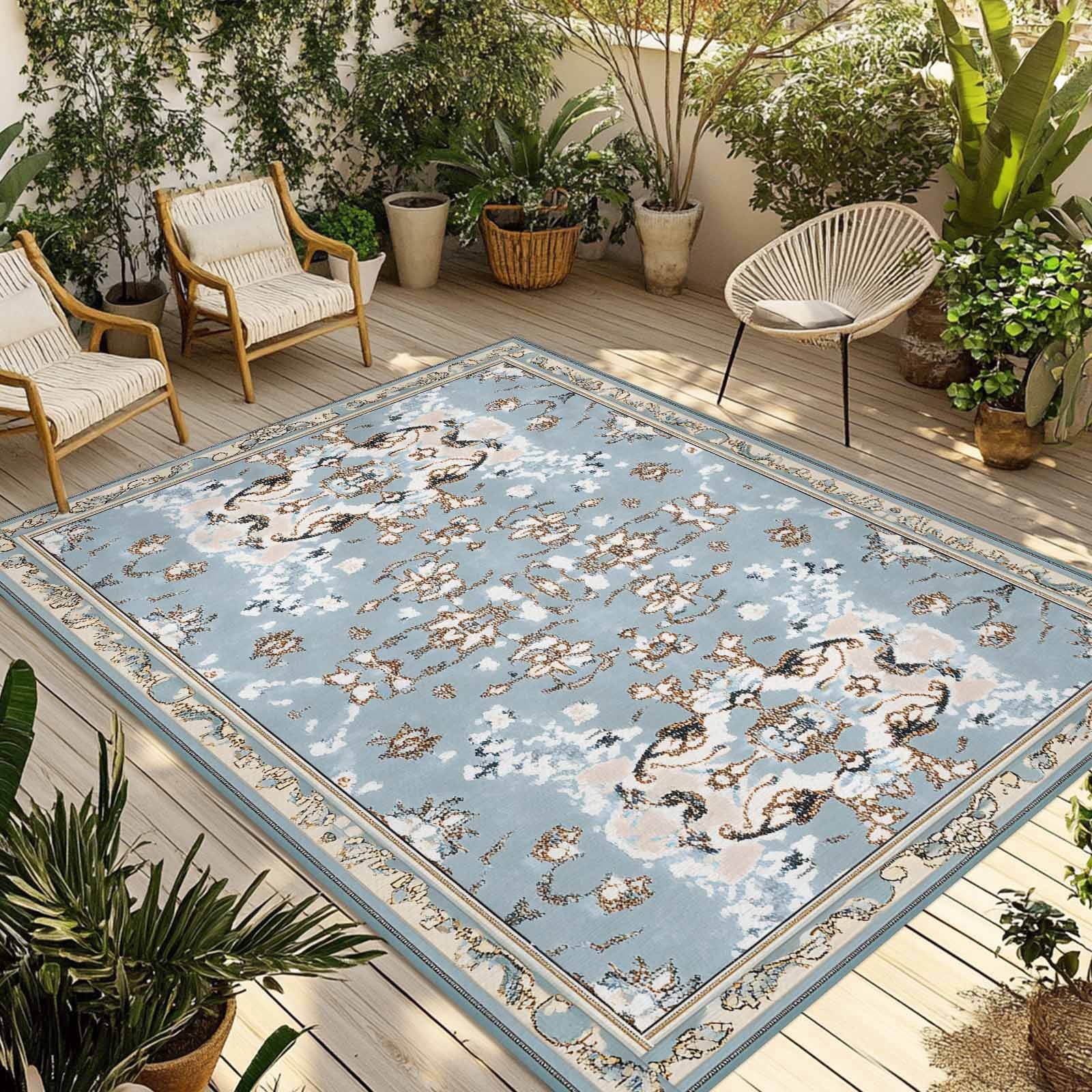 Bohemia Blue Outdoor Rug, Retro Boho Ethnic Farmhouse Flower Pattern ...