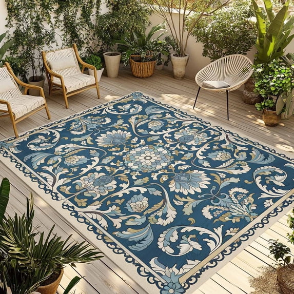 Bohemia Blue Pattern Outdoor Rug, Vintage Ethnic Style Non-Slip Area ...