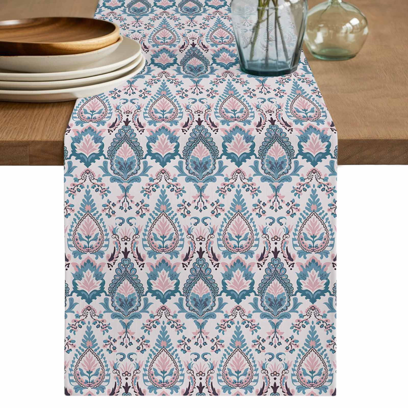 Bohemia Blue Pink Pattern Table Runner, Vintage Ethnic Style Cotton ...