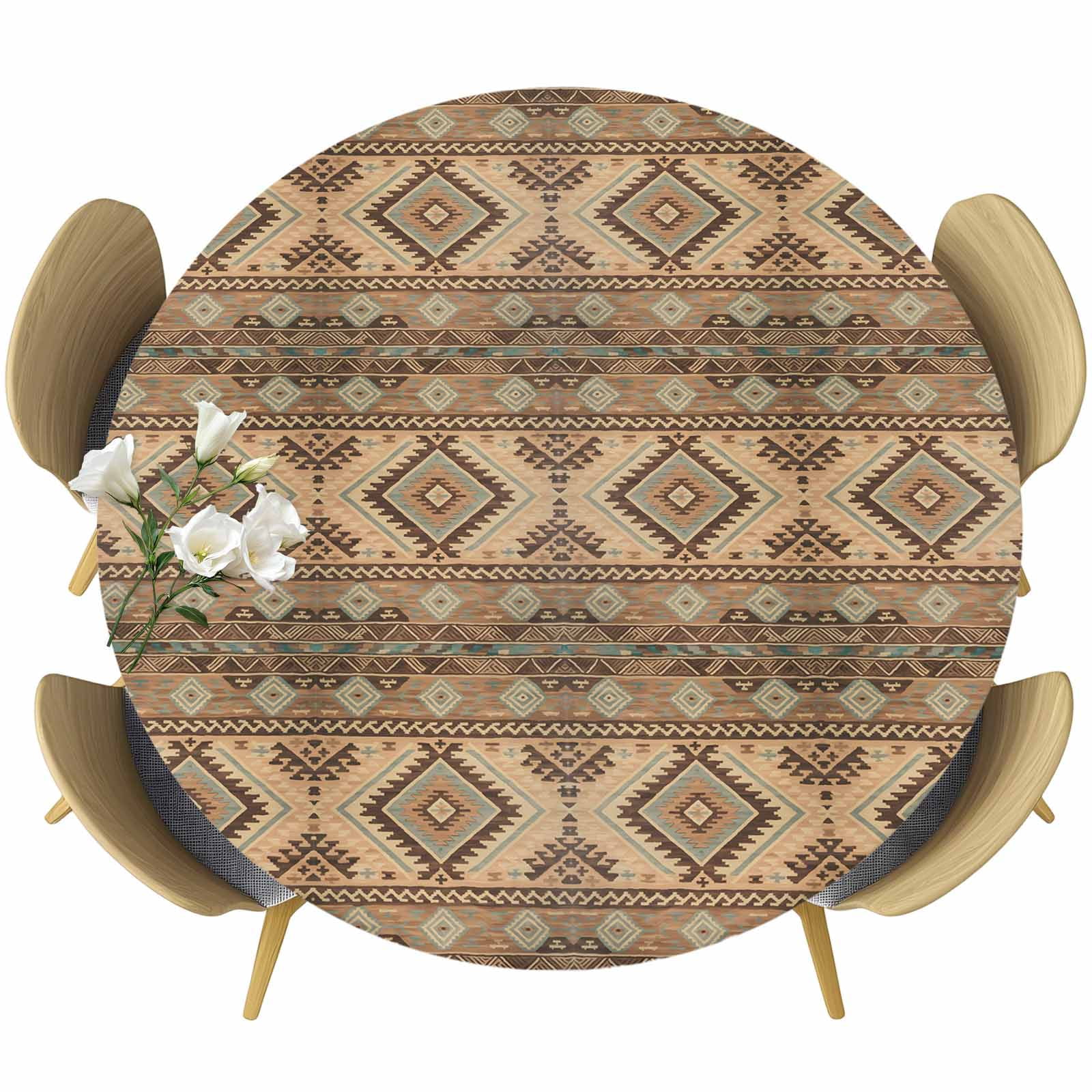 Bohemia Brown Turkish Pattern Round Fitted Tablecloth with Elastic Edge ...