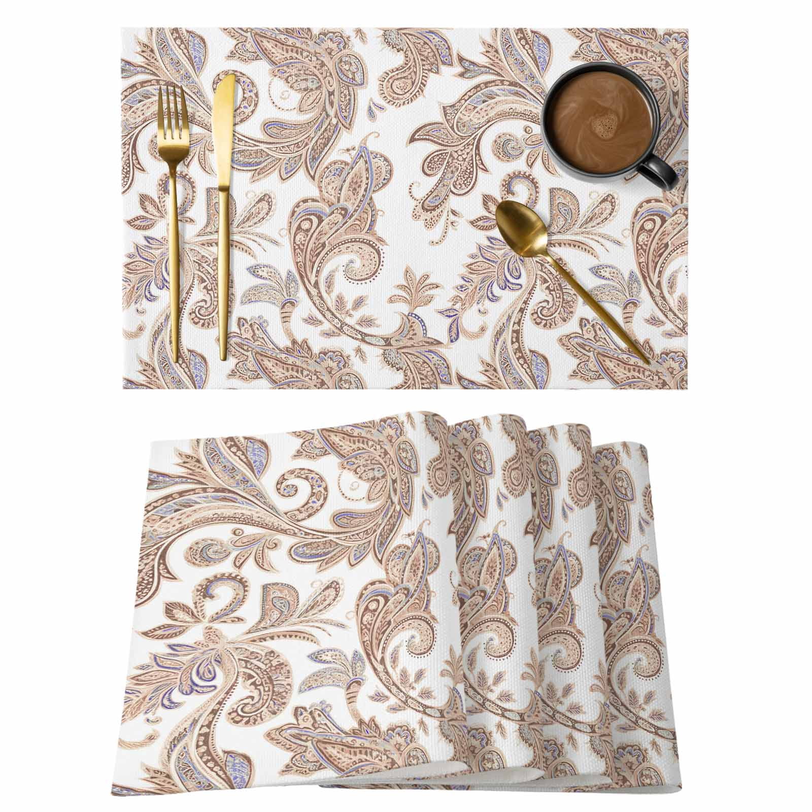 Bohemia Cotton Linen Placemats Set of 4, Pesley Vintage Brown Flowers ...