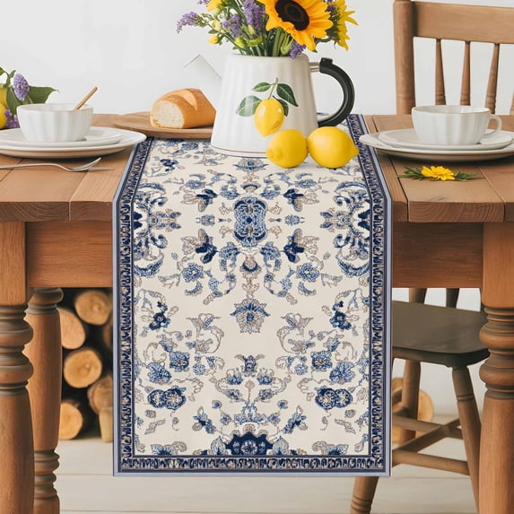 Bohemia Dining Table Runner, Blue Retro Boho Ethnic Farmhouse Flower ...