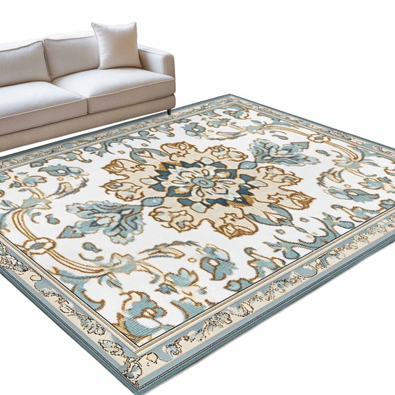 Bohemia Floral Area Rug, Retro Boho Ethnic Farmhouse Blue Flower ...