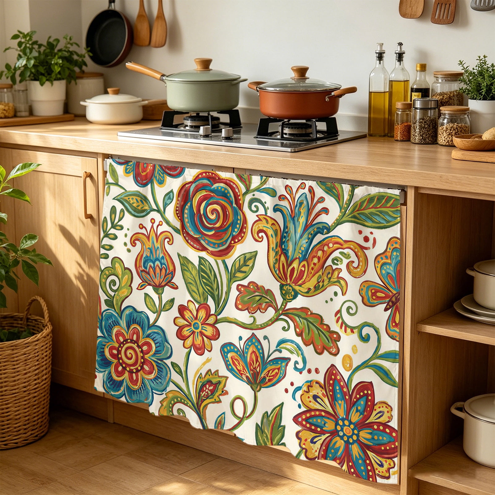 Bohemia Floral Cabinet Curtains for Kitchen 35"W x 35"L, Vintage Pesley ...